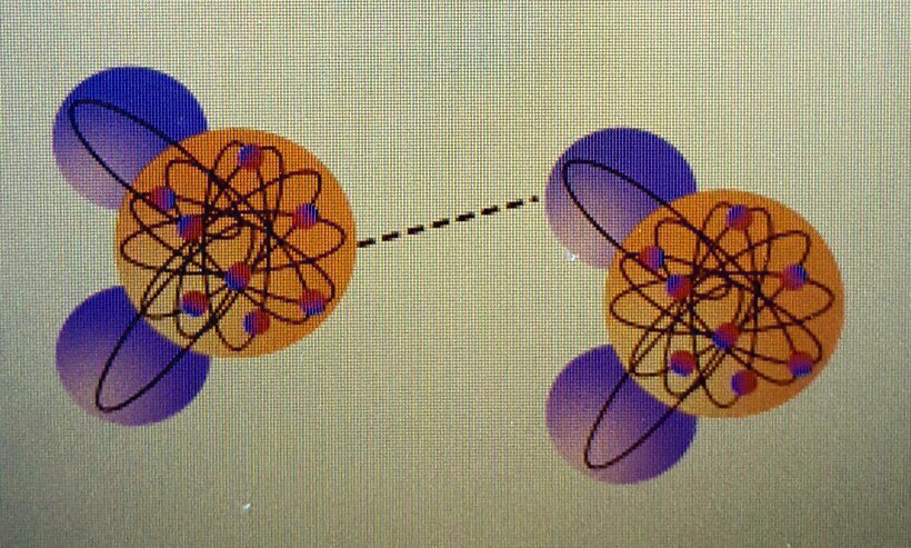 The diagram shows two water molecules. What does the dotted line between the water molecules ...