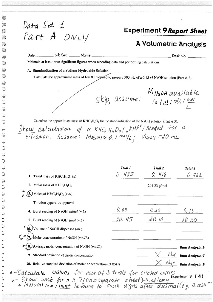 data set 1 poct a only experiment 9 report sheet a volumetric analysis date lab sec name desk no ...