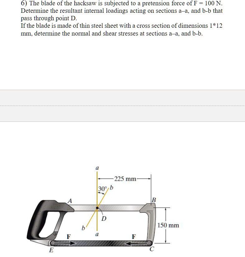 6) The blade of the hacksaw is subjected to a pretension force of F ...