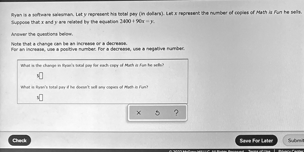 Help me with this math problem. Software salesman: Let y represent his ...