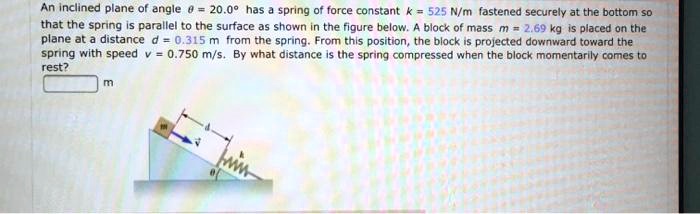 SOLVED: An inclined plane of angle = 20.0Â° has a spring of force constant k = 525 N/m fastened ...