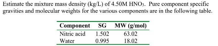 SOLVED: Estimate the mixture mass density (kg/L) of 4.50M HNO3. Pure ...