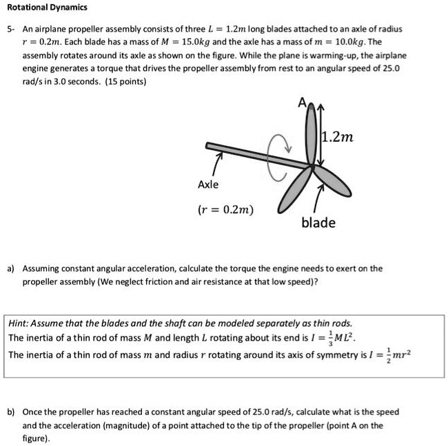 SOLVED: Rotational Dynamics 5- An airplane propeller assembly consists of three L=1.2m long ...