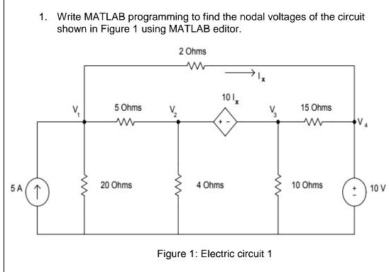 SOLVED: 5 A 1. Write MATLAB programming to find the nodal voltages of the circuit shown in ...