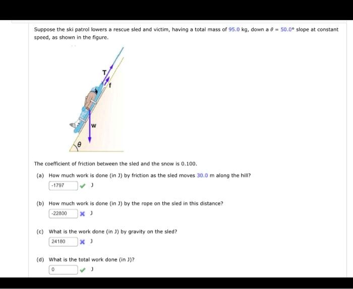 SOLVED: Suppose the ski patrol lowers a rescue sled and victim, having ...
