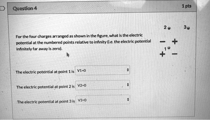 SOLVED: Question 4 1pts For the four charges arranged as shown in the ... SOLVED: Question 4 1pts For the four charges arranged as shown in the ...
