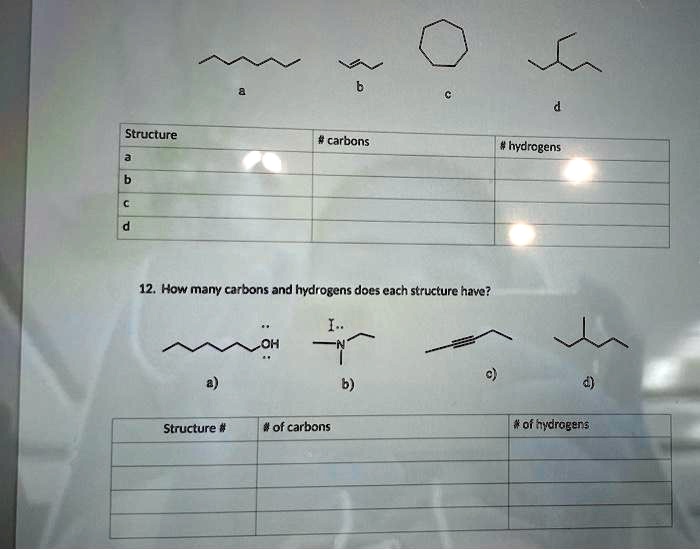 SOLVED: Structure carbons hydrogens 12. How many carbons and hydrogens does' each structurc hzve ...
