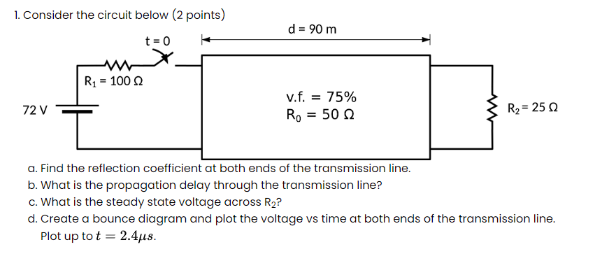 SOLVED: 1. Consider the circuit below (2 points) a. Find the reflection coefficient at both ends ...