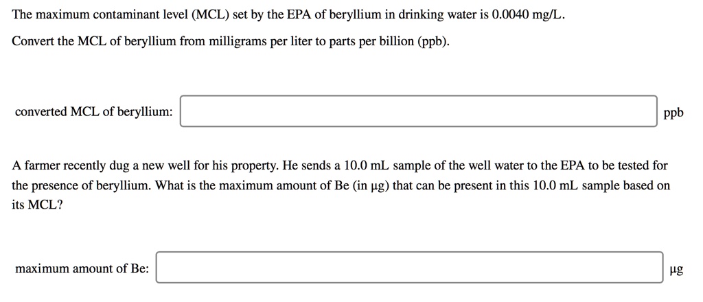 the maximum contaminant level mcl set by the epa of beryllium in ...
