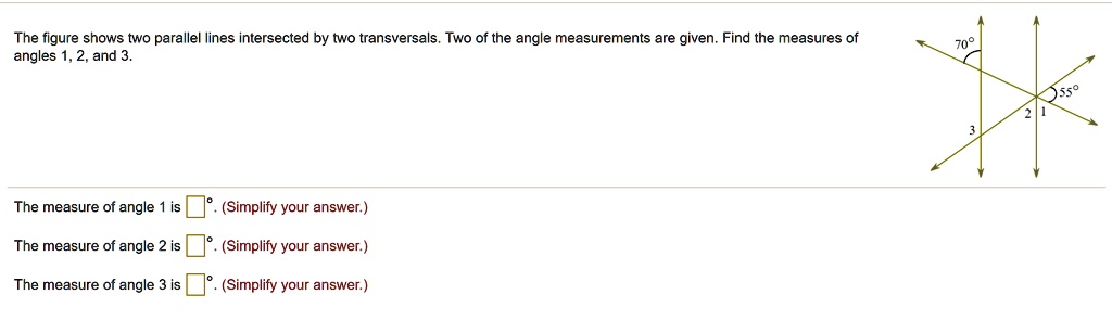 SOLVED: The figure shows two parallel lines intersected by two transversals. Two of the angle ...