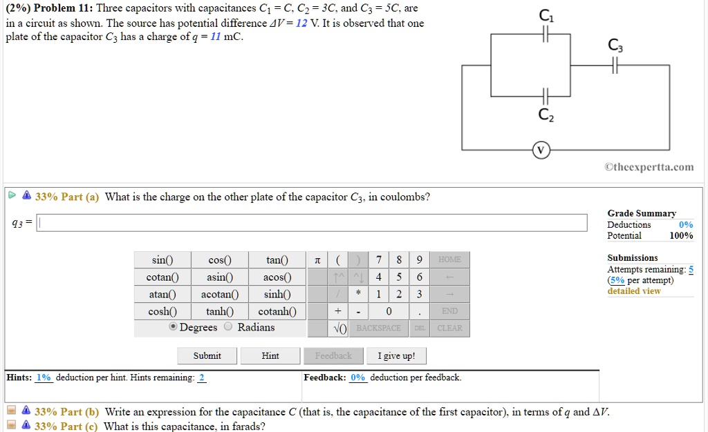 2 problem il three capacitors with capacitances c1 c c2 3c and c3 jc are circuit as shown the ...