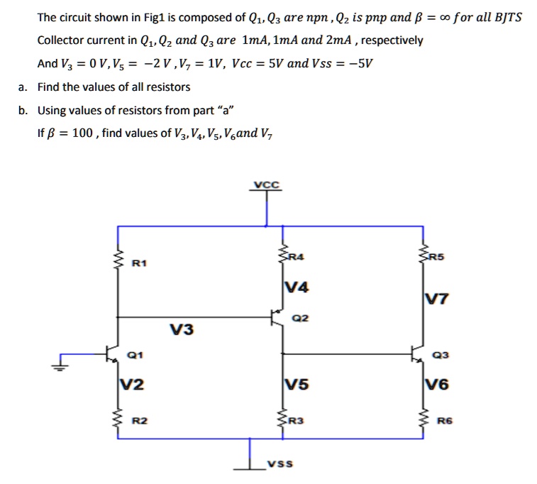 SOLVED: The circuit shown in Fig1 is composed of Q1, Q2, and Q3, which are npn transistors, and ...