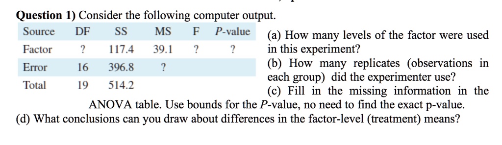 question 1 consider the following computer output source df ss ms f p value how many levels of ...