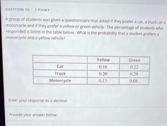 QUESTION 10 1 POINT A group of students was given a questionnaire that ...