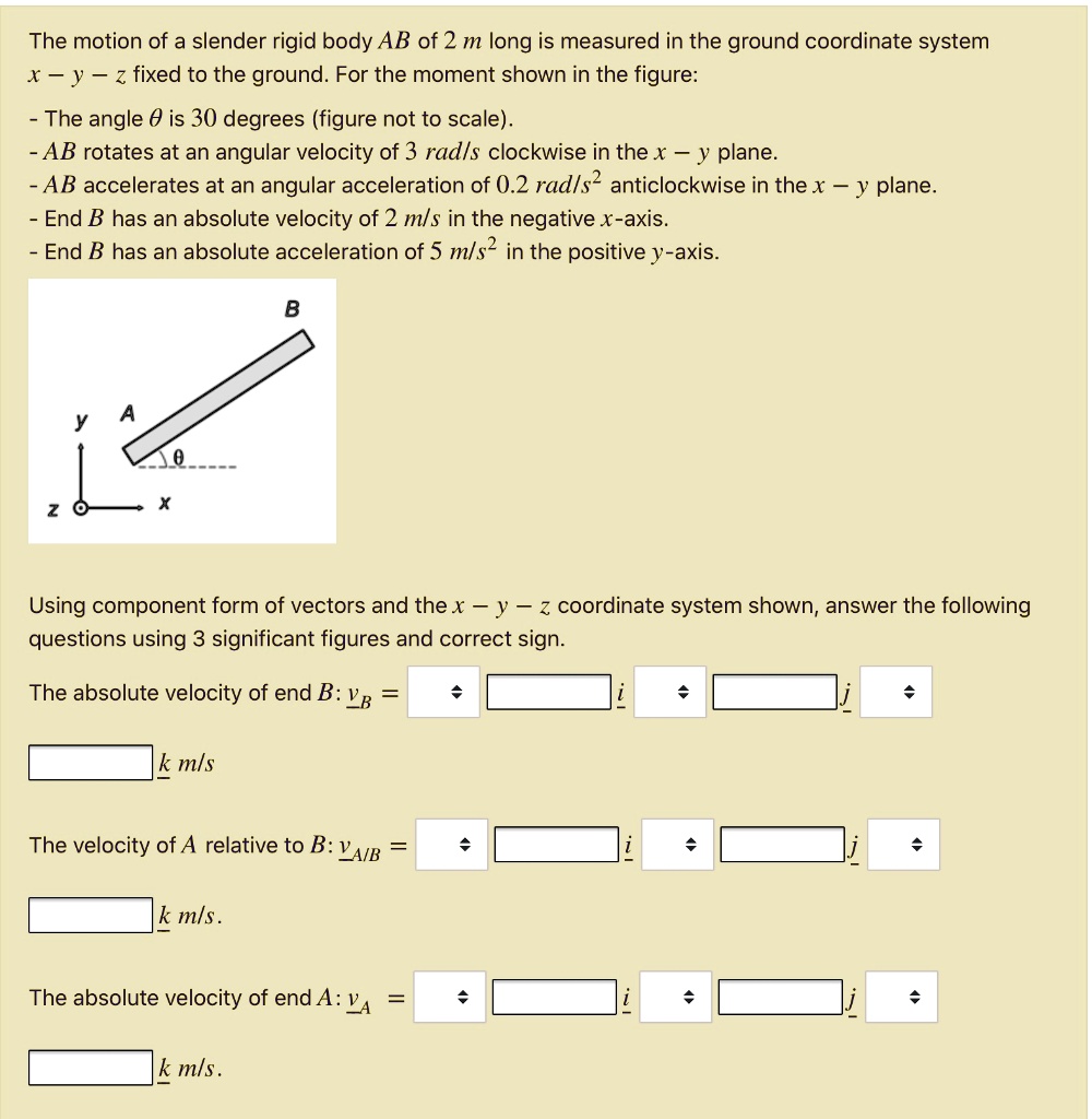SOLVED: The motion of a slender rigid body AB of 2m long is measured in the ground coordinate ...