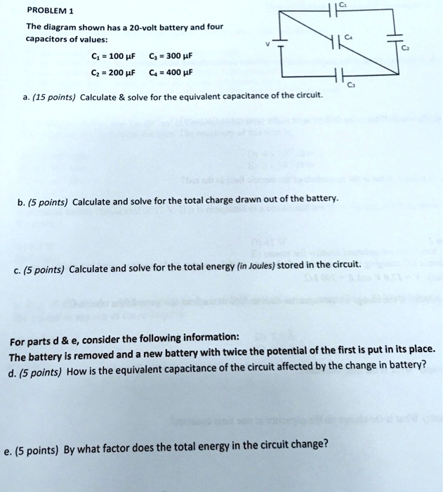 SOLVED: PROBLEM 1: The diagram shown has a 20-volt battery and four capacitors of values: C ...