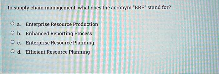 SOLVED: In supply chain management, what does the acronym "ERP" stand ...