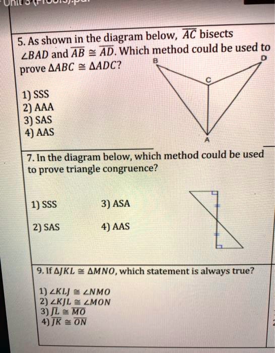ulto o 5as shown in the diagram below ac bisects lbad and ab ad which method could be used to ...