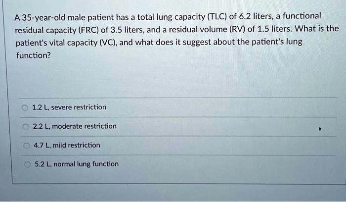 SOLVED: A 35-year-old male patient has a total lung capacity (TLC) of 6 ...