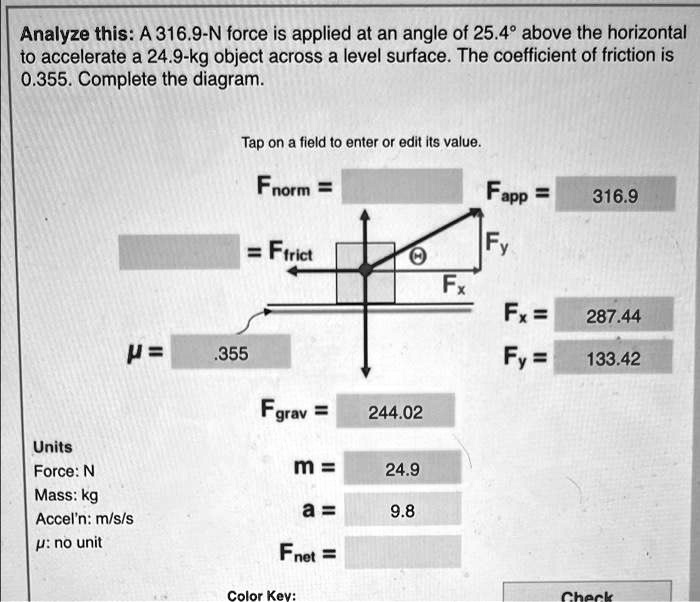 SOLVED: Analyze this: A 316.9-N force is applied at an angle of 25.49Â ...