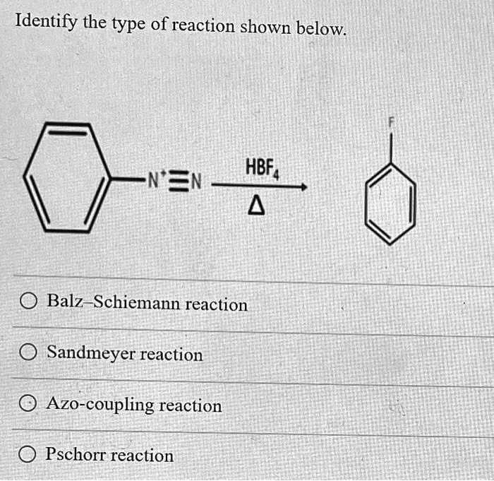 Identify the type of reaction shown below. N?N HBF? ? Balz-Schiemann ...