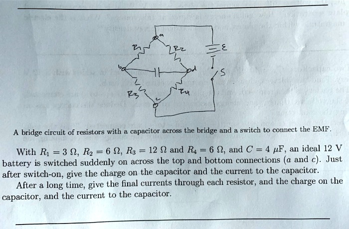 A bridge circuit of resistors with a capacitor across the bridge and a ...