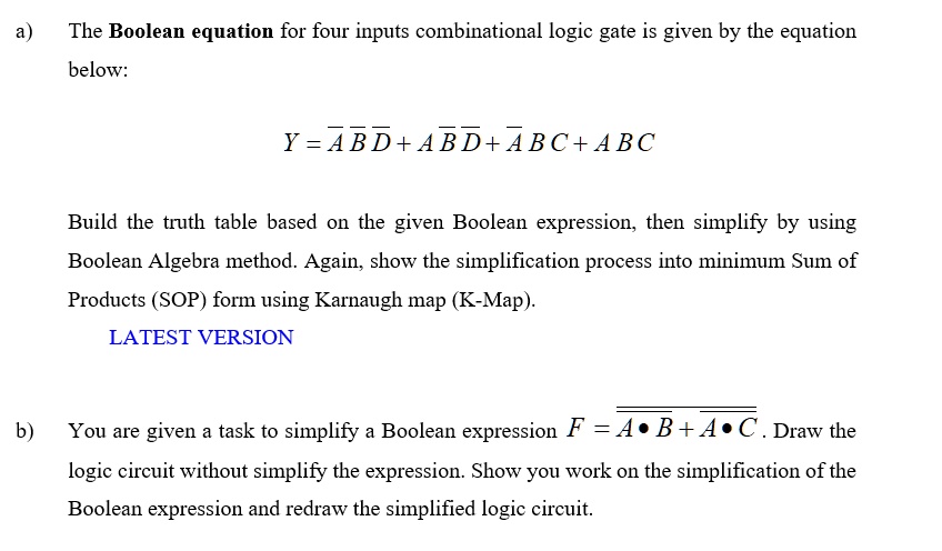 Solved The Boolean Equation For A Four Input Combinational Logic Gate Is Given By The Equation