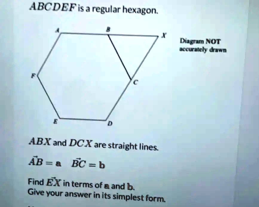 ABCDEF is a regular hexagon. Diagonal NOT accurately drawn. ABX and DCX are straight lines. AB ...
