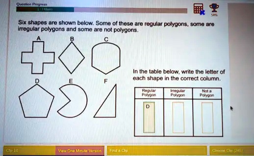 Question Progress 1/3 Marks 58% Six shapes are shown below. Some of these are regular polygons ...