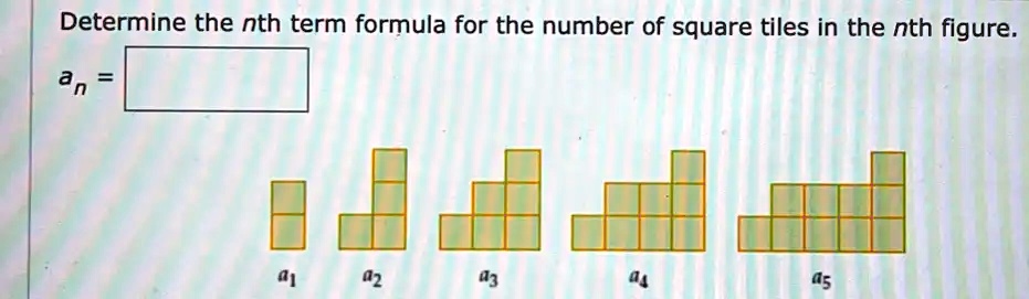 SOLVED: Determine the nth term formula for the number of square tiles in the nth figure. a 05