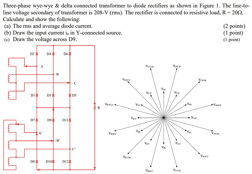 SOLVED: Three-phase wye-wye delta connected transformer to diode rectifiers as shown in Figure 1 ...
