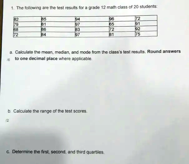 the following are the test results for grade 12 math class of 20 ...