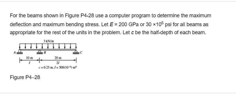 SOLVED: For the beams shown in Figure P4-28, use a computer program to determine the maximum ...