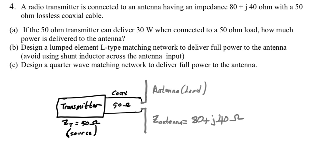 SOLVED: A radio transmitter is connected to an antenna having an impedance of 80 + j40 ohms with ...