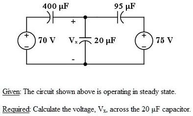 400 ?F 95 ?F + + + 70 V Vx 20 µF 75 V Given: The circuit shown above is operating in steady ...
