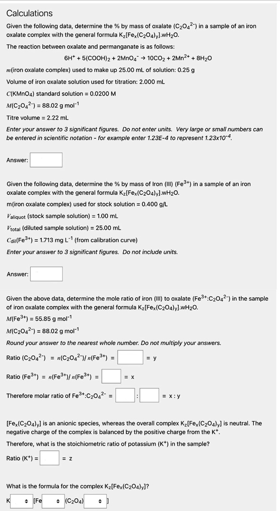 Calculations Given the following data, determine the by mass of oxalate ...