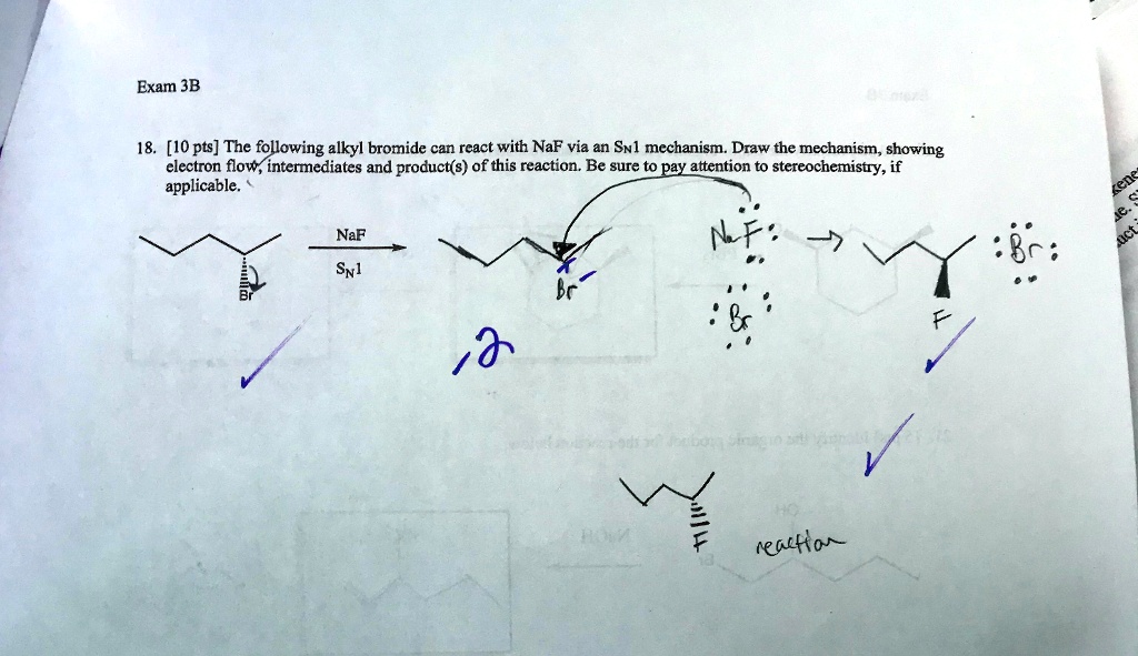 Exam 3B 18. [10 pts] The following alkyl bromide can react with NaF via an SN1 mechanism. Draw ...