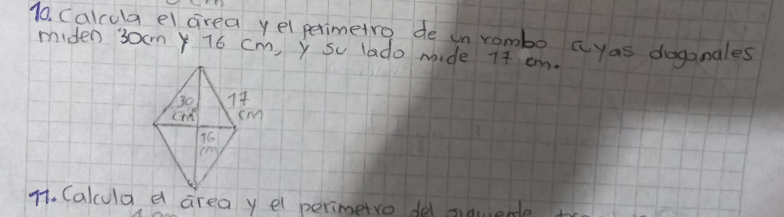10. Calcula el área y el perimetro de un rombo ayas diaganales miden 30 ...
