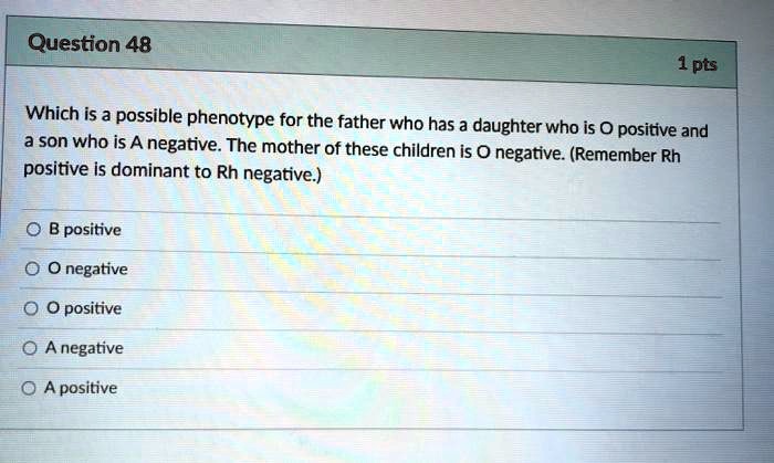 SOLVED:Question 48 1pts Which is a possible phenotype for the father ...
