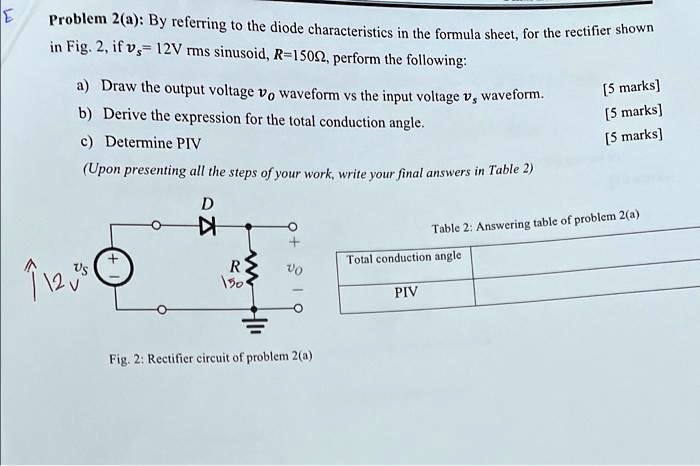 diode can you help me please in fig 2 if v 12v rms sinusoid r 150 perform the following 5 marks ...