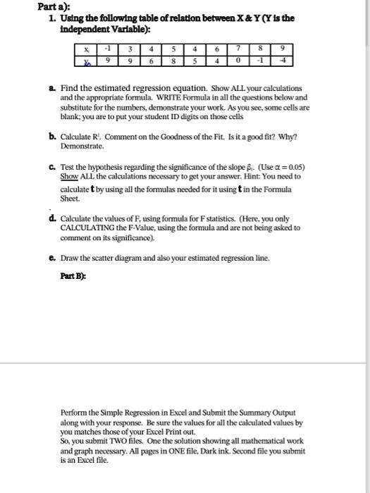 SOLVED: Part a): 1. Using the following table of relation between X Y (Y is the independent ...