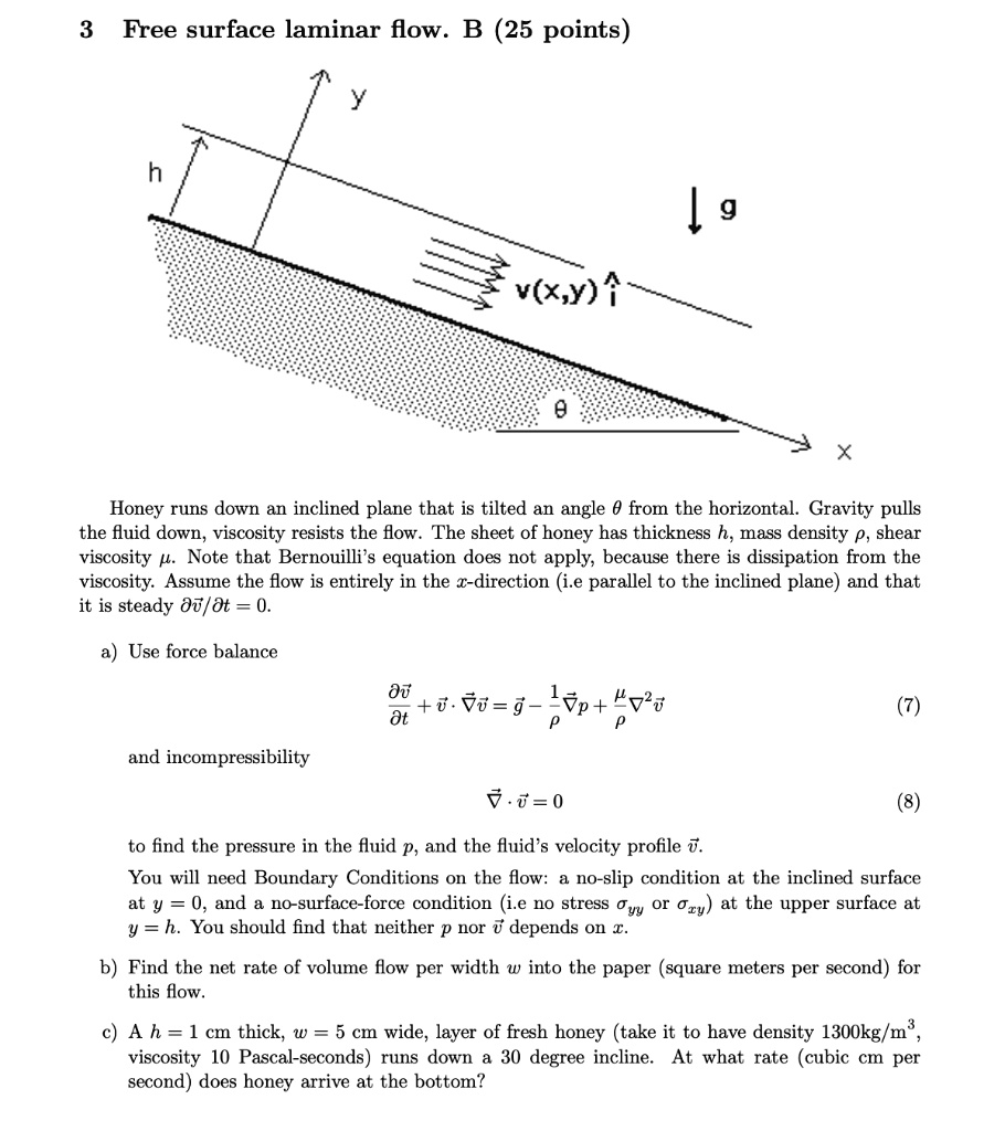 SOLVED: Free surface laminar flow. B (25 points) g v(x,y)i e Honey runs ...