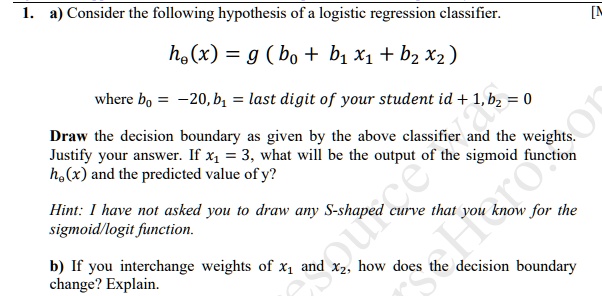 SOLVED: Here, b1 = 2. 4) Consider the following hypothesis of a logistic regression classifier ...