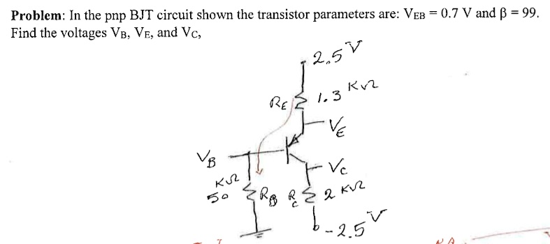 Problem: In the pnp BJT circuit shown the transistor parameters are: VEB = 0.7 V and β = 99 ...