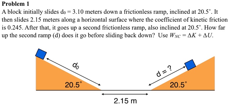 problem 1 a block initially slides d 310 meters down a frictionless ramp inclined at 205 it then ...