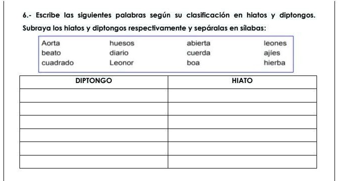 SOLVED: escribe las siguientes palabras según su calificación en hiatos ...
