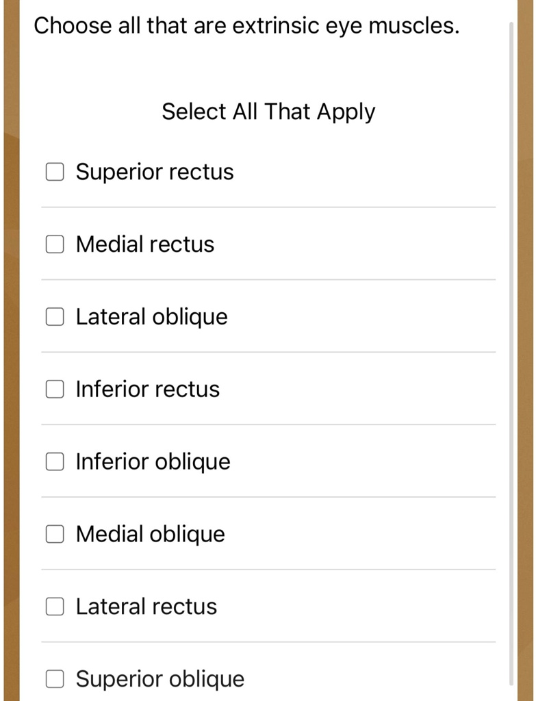 SOLVED: Choose all that are extrinsic eye muscles. Select All That ...