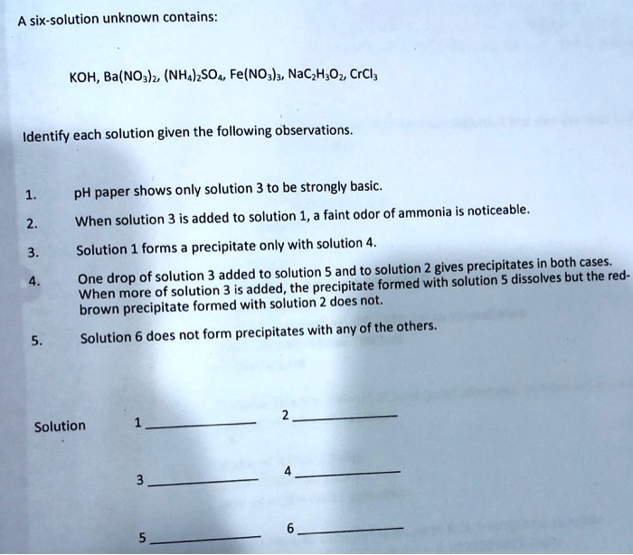 A six-solution unknown contains: KOH, Ba(NO3)2, (NH4)2SO4,...