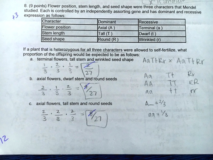SOLVED: Sinc (9 points) Flower position; stem length, and seed shape ...