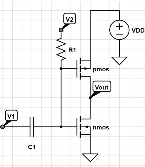 V2 R1 pmos Vout VDD nmos V1 C1